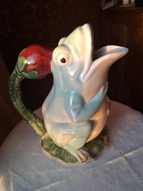 MAJOLICA POTTERY FROG Pitcher Jug with Flower Handle Vintage ...