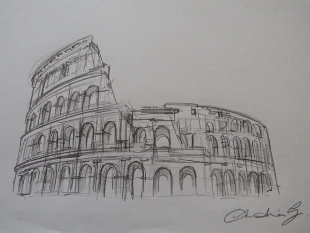 ORIGINAL EXPRESSIVE PENCIL drawing of The Colosseum Rome on ivory white ...