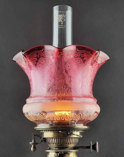 VICTORIAN ETCHED CRANBERRY Glass Kerosene Paraffin Duplex Oil Lamp ...