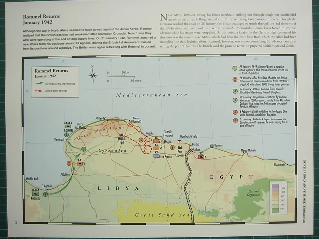 WW2 WWII MAP ~ Rommel Returns Jan 1942 German Army Movements Allied ...
