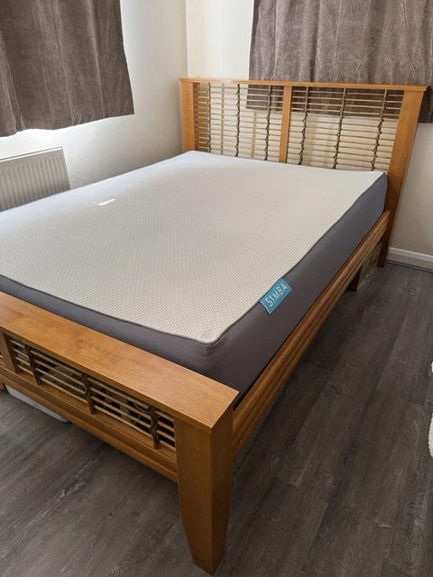 DOUBLE WOODEN BED Frame brown with Simba mattress Headboard & Footboard ...
