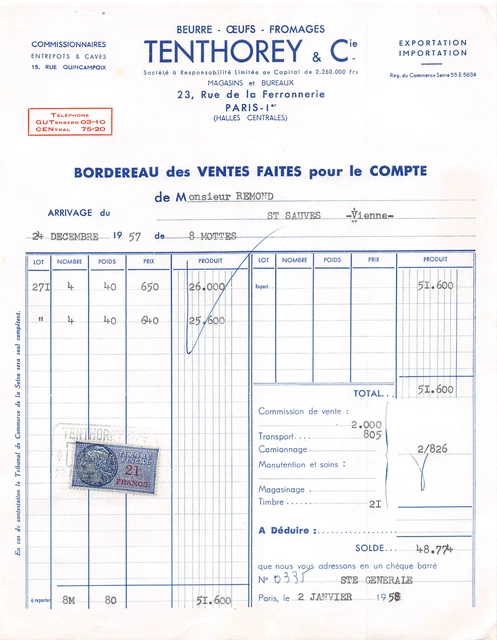 FACTURE 1957 BEURRE TENTHOREY & CIE A PARIS - M.REMOND A SAINT JEAN DE ...