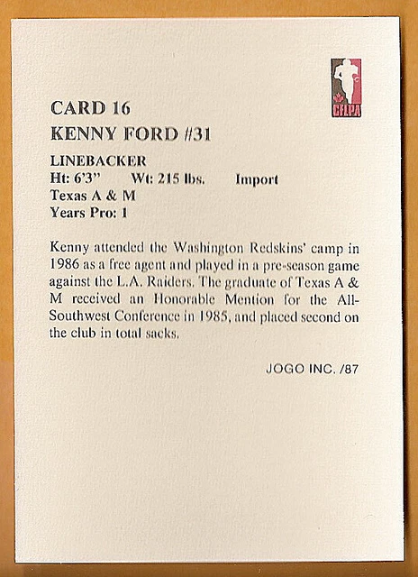 CARTE KENNY FORD 1987 Jogo CFL #16 Ottawa Rough Riders Texas A&M Aggies ...