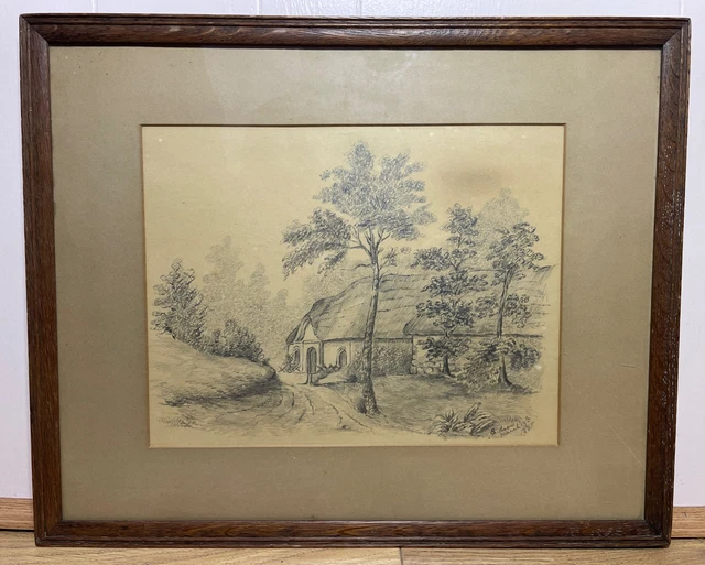 ANTIQUE PENCIL DRAWING Signed Dated 1885 Thatched Cottage English ...
