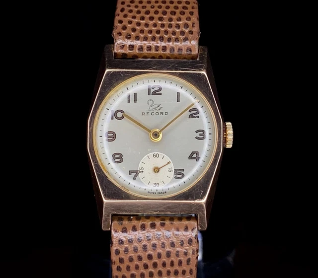 1946 RECORD SWAN 9ct rose gold octagonal Tonneau watch foil numerals ...