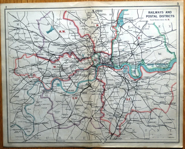 LONDON RAILWAY MAP With Postal Districts Original Antique Lithographed ...