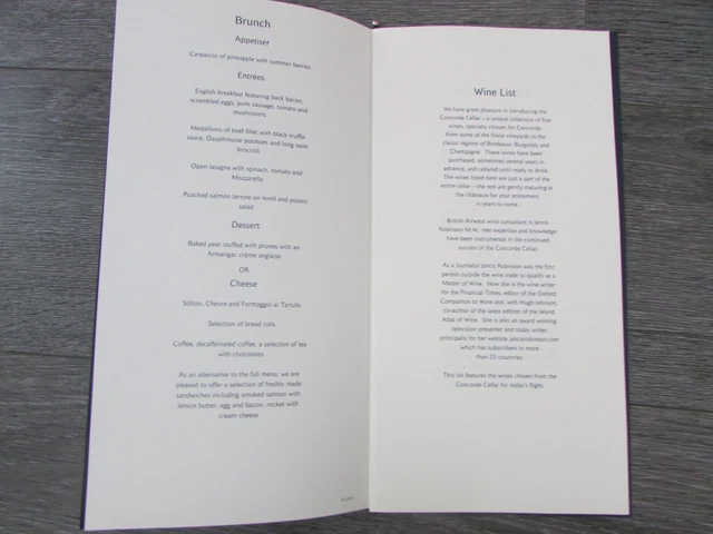 BRITISH AIRWAYS CONCORDE Brunch Passenger in Flight Menu reference R11 ...