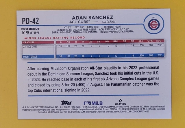 2024 TOPPS PRO Debut #PD-42 Adan Sanchez Pre-Rookie Card Chicago Cubs ...