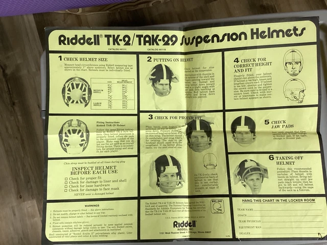 VINTAGE RIDDELL TK-2 TAK-29 helmet sizing chart $50.00 - PicClick