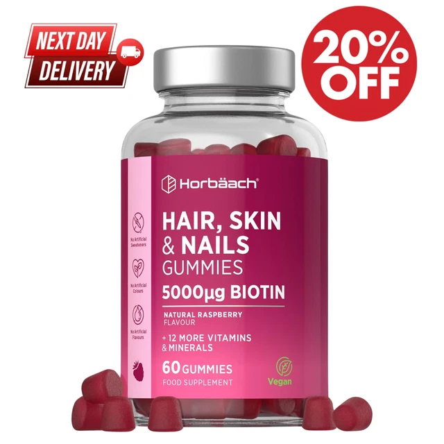 HORBAACH HAIR SKIN & Nails Gummies | 5000µg Biotin | 60 Vegan Raspberry ...