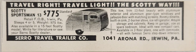 1961 PRINT AD Scotty Sportsman 13 Serro Travel Trailer Co. Irwin ...