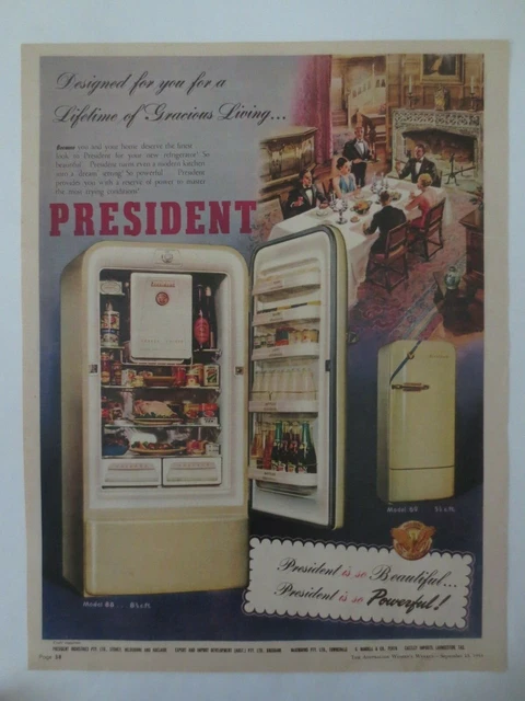 VINTAGE AUSTRALIAN ADVERTISING 1953 ad PRESIDENT REFRIGERATOR fridge ...