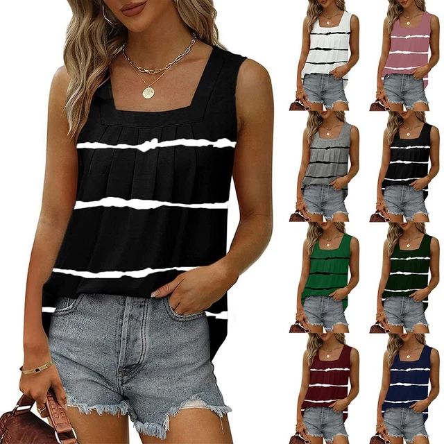 Weste Damen Tank Top Streifen Ärmellos Plissee Quadratischer Ausschnitt