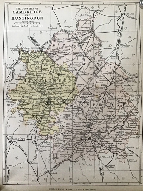 CAMBRIDGE & HUNTINGDON, 1880 Antique County Map England George Philip ...