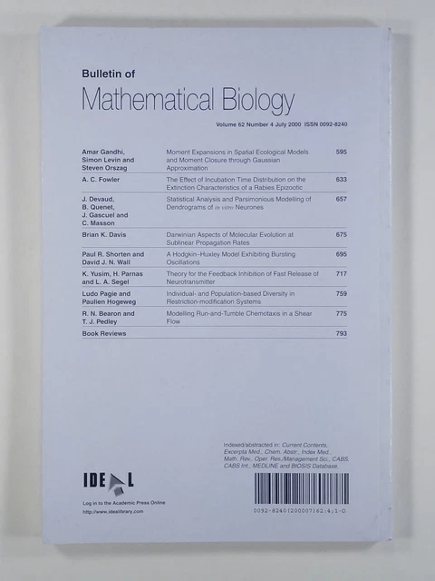 2000 JUL BULLETIN OF MATHEMATICAL BIOLOGY v62#4 ecology MODELING ...
