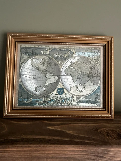 BLUE FOIL BLAEU Wall Map Of World Nova Totivs Orbis Tabvla Framed Dufex ...