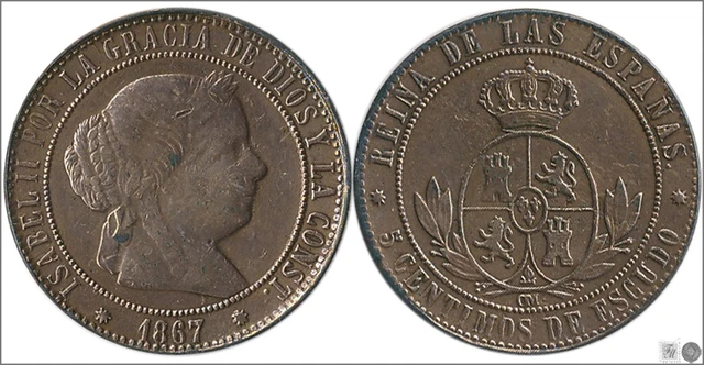 ESPAGNE - ISABEL II 5 Centimes 1867 Barcelone Om Cu MBC 222 EUR 44,30 ...