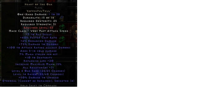 D2 D2R DIABLO II Resurrected Softcore Ethereal HOTO FLAIL Heart of the ...