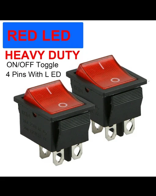 2X ON/OFF TOGGLE Red Led Rocker Switch DPST 4 Pin Snap-In AC 16A/250V ...