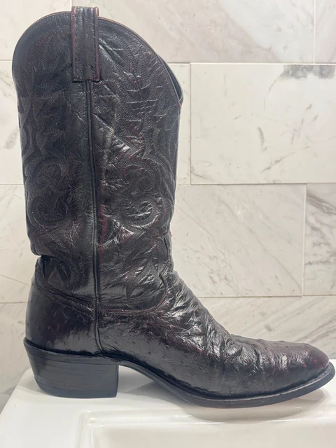 *WIDE* USA-MADE DAN POST Black Cherry ostrich leather men’s boots 10 E ...