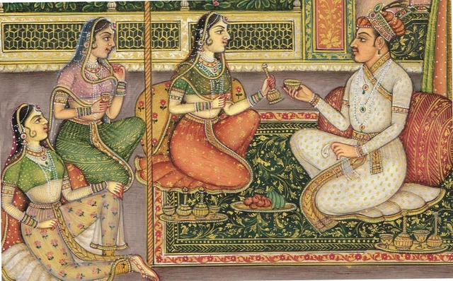 INDIAN MINIATURE PAINTING Of Mughal Emperor Enjoying Drink With His ...
