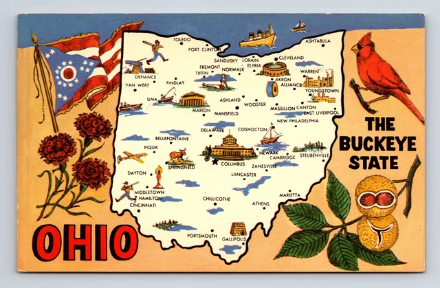 PICTORIAL TOURIST MAP State Flag Bird Flower Greetings from Ohio OH ...
