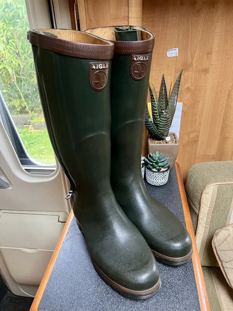 AIGLE PARCOURS 2 Premium Leather Lined Full Side Zip Green Wellington ...