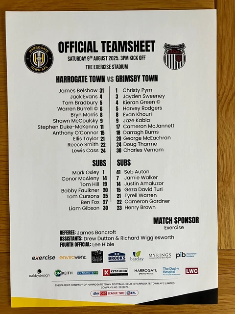 HARROGATE TOWN 2025-2026 Season Home Club A4 Colour Team Sheets £5.44 ...
