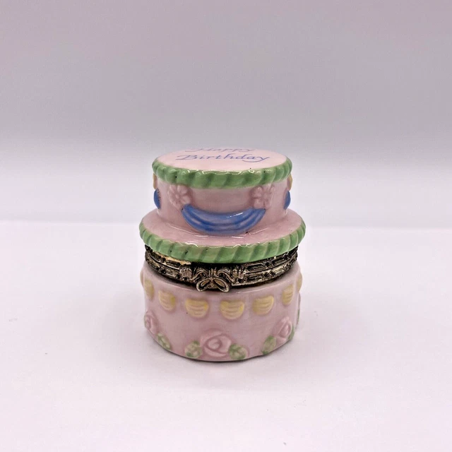 HALLMARK HAPPY BIRTHDAY Porcelain Hinged Pink Tiered Cake Trinket Box £ ...