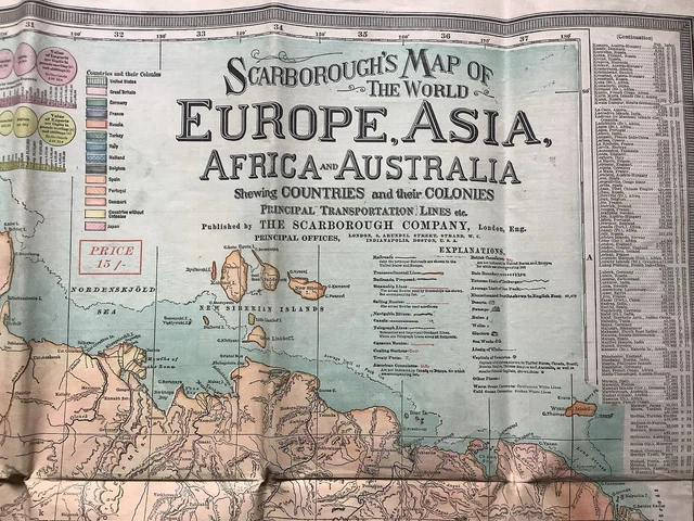 1907 SCARBOROUGHS BIG Map of World Transport Railway & Steamship Lines ...