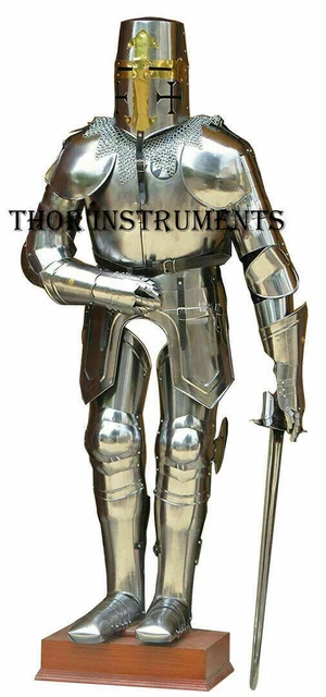 MEDIEVAL KNIGHT TEMPLAR Armor Suit with Sword & Wooden Base Full Body ...
