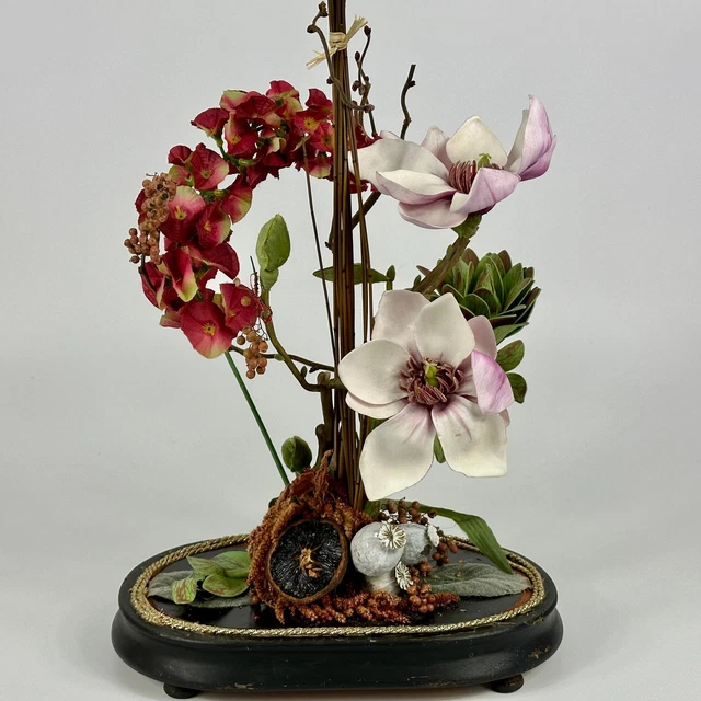 ANTIQUE FRENCH LARGE Hand Blown Glass Dome On Base With Artifical ...