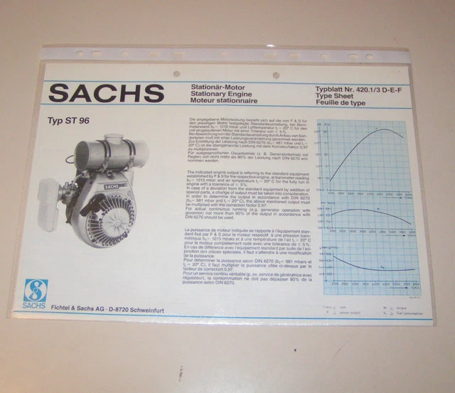 TYPENBLATT / DONNÉES Techniques Sachs Stationnaire Moteur St 96 ...