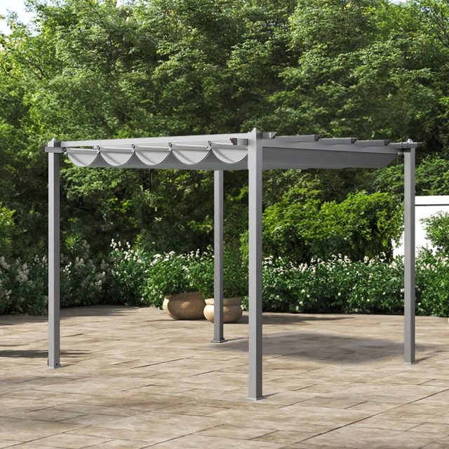 LARGE METAL GARDEN Pergola Retractable Gazebo Canopy Structure Sun ...