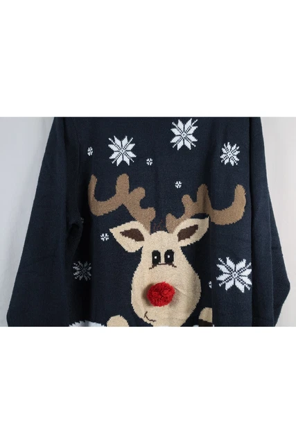 GEORGE MENS CHRISTMAS Jumper Reindeer Pom Pom Nose Navy Size XXL 2XL ...
