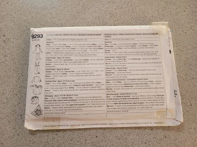 SIMPLICITY PATTERN 9293 - 1980s Toy Scarecrow Pumpkin Sunflower Sue ...