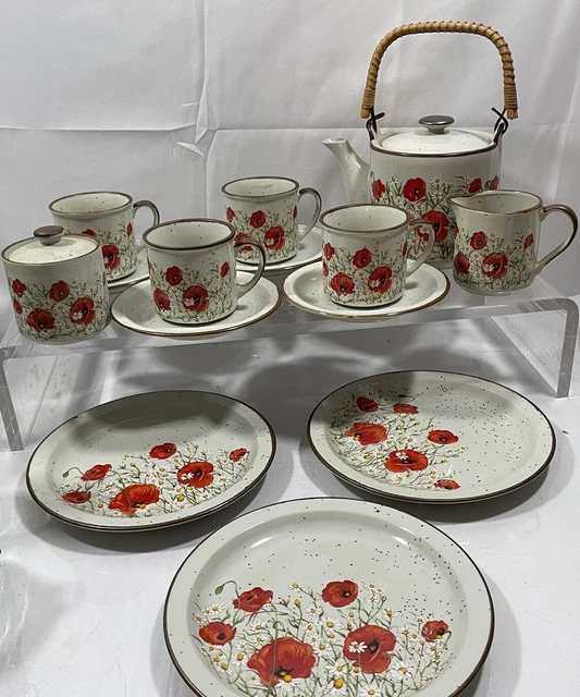 JAPANESE TEA SET Stoneware Mid Century Poppy Daisy Floral Hand Painted ...