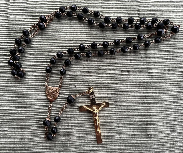 VINTAGE BLACK GLASS Beads Rosary Gold Finish Brass IHS Heart Center ...