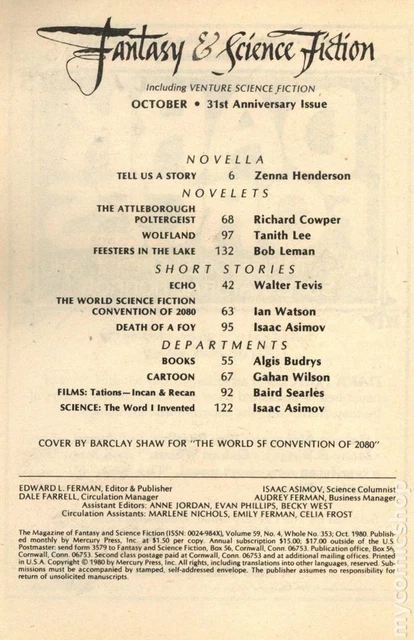 MAGAZINE OF FANTASY and Science Fiction Vol. 59 #4 VF+ 8.5 1980 £7.41 ...