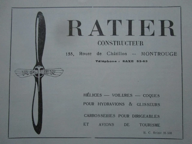 1922-1923 PUB RATIER Montrouge Helice Airplane Case Original French Ad ...