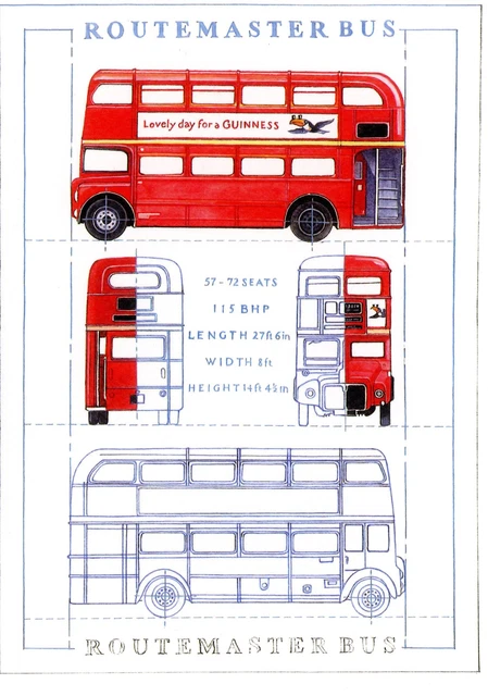 LONDON ROUTEMASTER BUS Blueprint technical drawing style blank Greeting ...