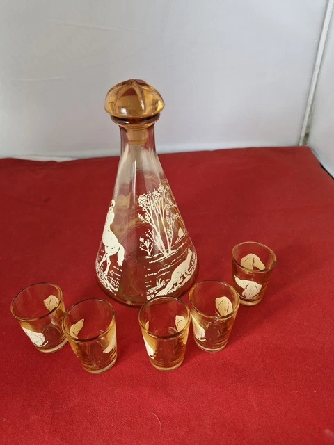 SMOKED GLASS SMALL Decanter And Minature Liquer Glasses Engraved With ...