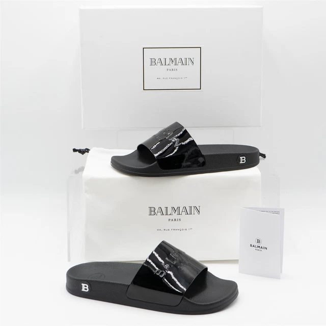 BALMAIN WOMENS SLIDES Embossed Logo Black Rubber Flats UK 4 EU 37 £79. ...