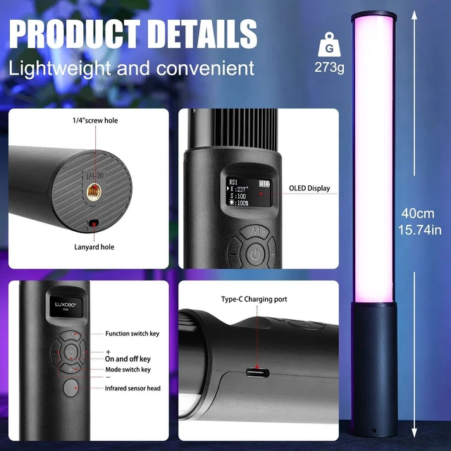 LUXCEO P400S RGB LED Tube Light Photography Fill Light Full Color 2500K ...