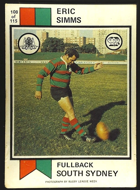 1974 #108 ERIC Simms Souths Rabbitohs Scanlens rugby league NRL card ...