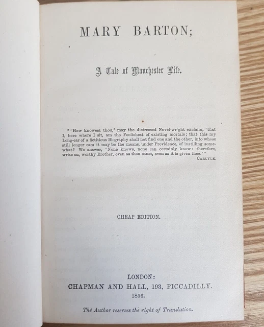 1856 MARY BARTON A Tale Of Manchester Life By Elizabeth Gaskell Novel ...