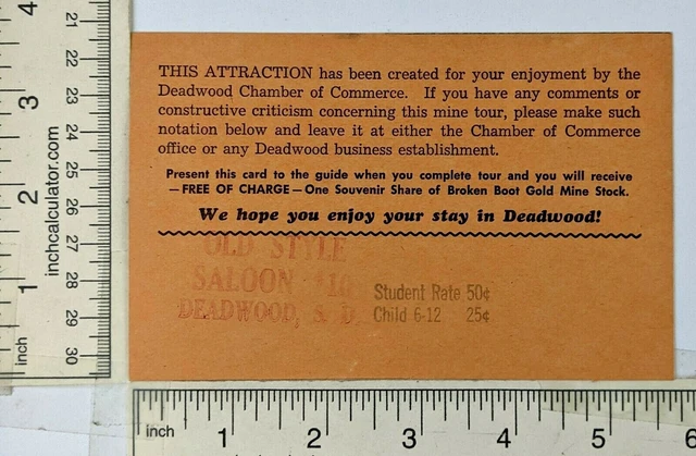 1960s Deadwood South Dakota Broken Boot Gold Mine Advertising Card