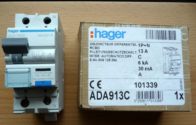 HAGER ADA913C DISJONCTEUR différentiel 1P+N 13A C 6kA 30mA type A Bornage SUISSE EUR 35,00 ...