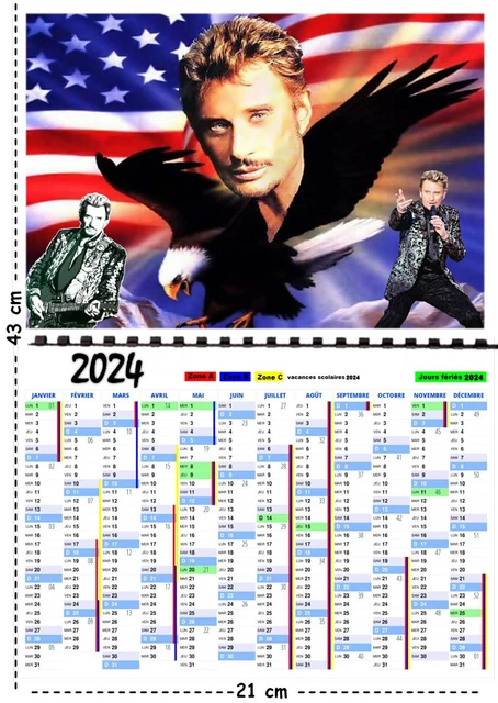 CALENDRIER SPIRALE 2024 Fantaisie Johnny Hallyday 43x21 cm Ref 25 EUR 6 ...
