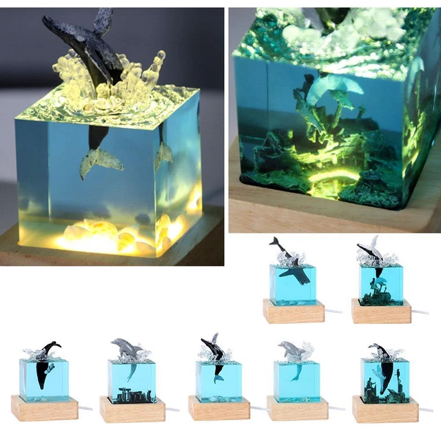CUBE OCEAN LED Night Light Shark Diver Decoration Whale Epoxy Resin D ...